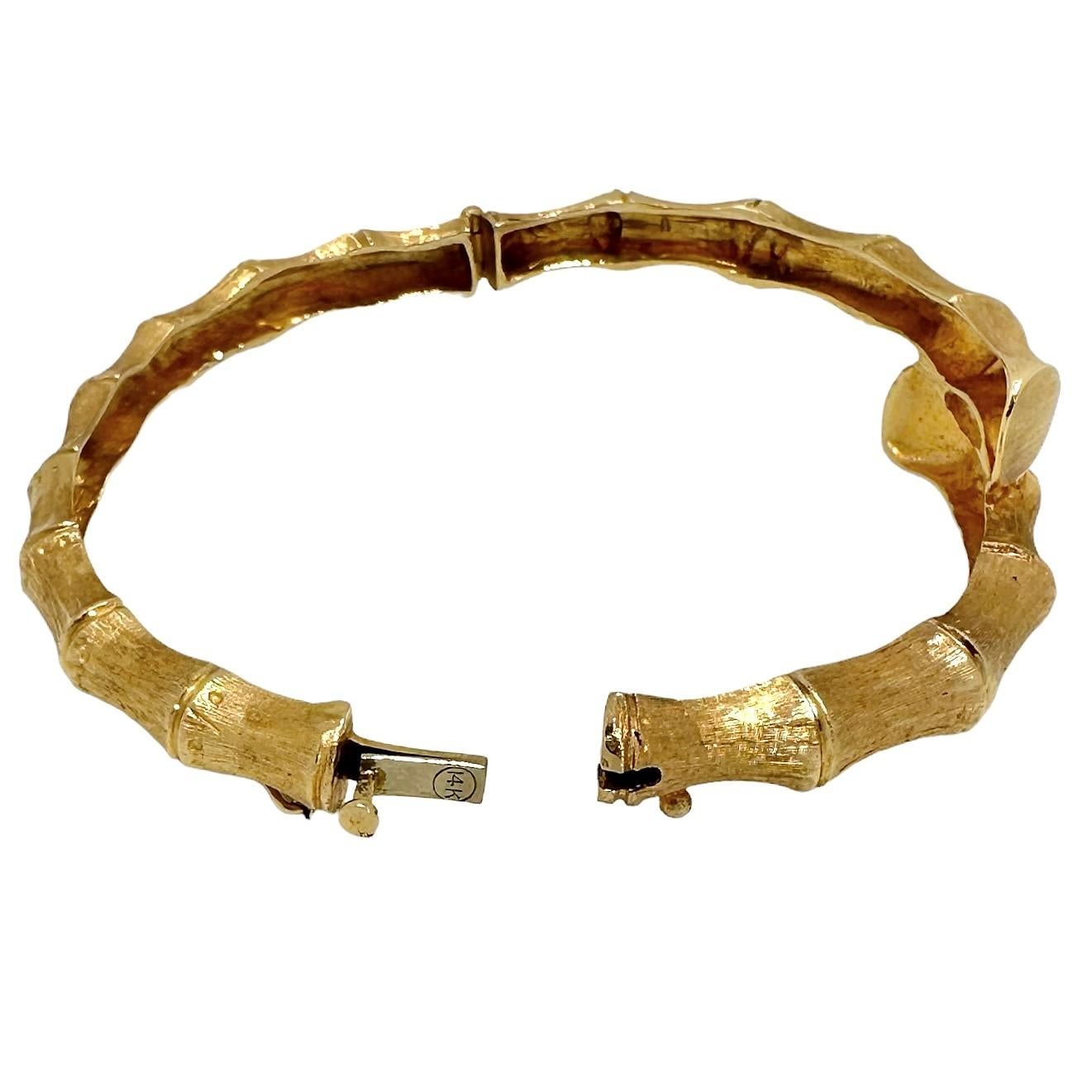 Vintage 14K Yellow Gold Bamboo Motif Bypass Bangle Bracelet For Sale at 1stDibs