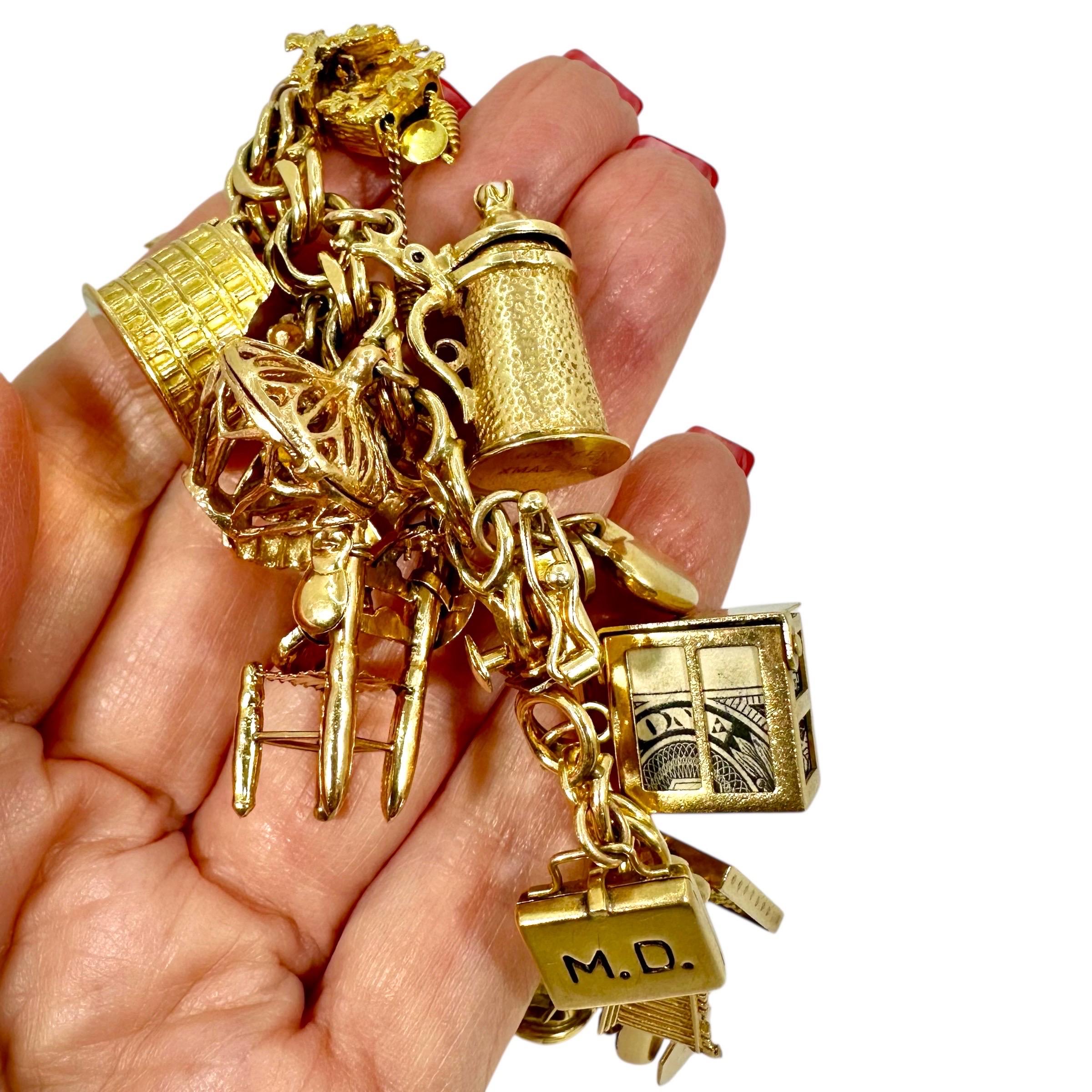 Vintage 14K Yellow Gold Charm Bracelet w/ 26 Dimensional Charms, Circa ...