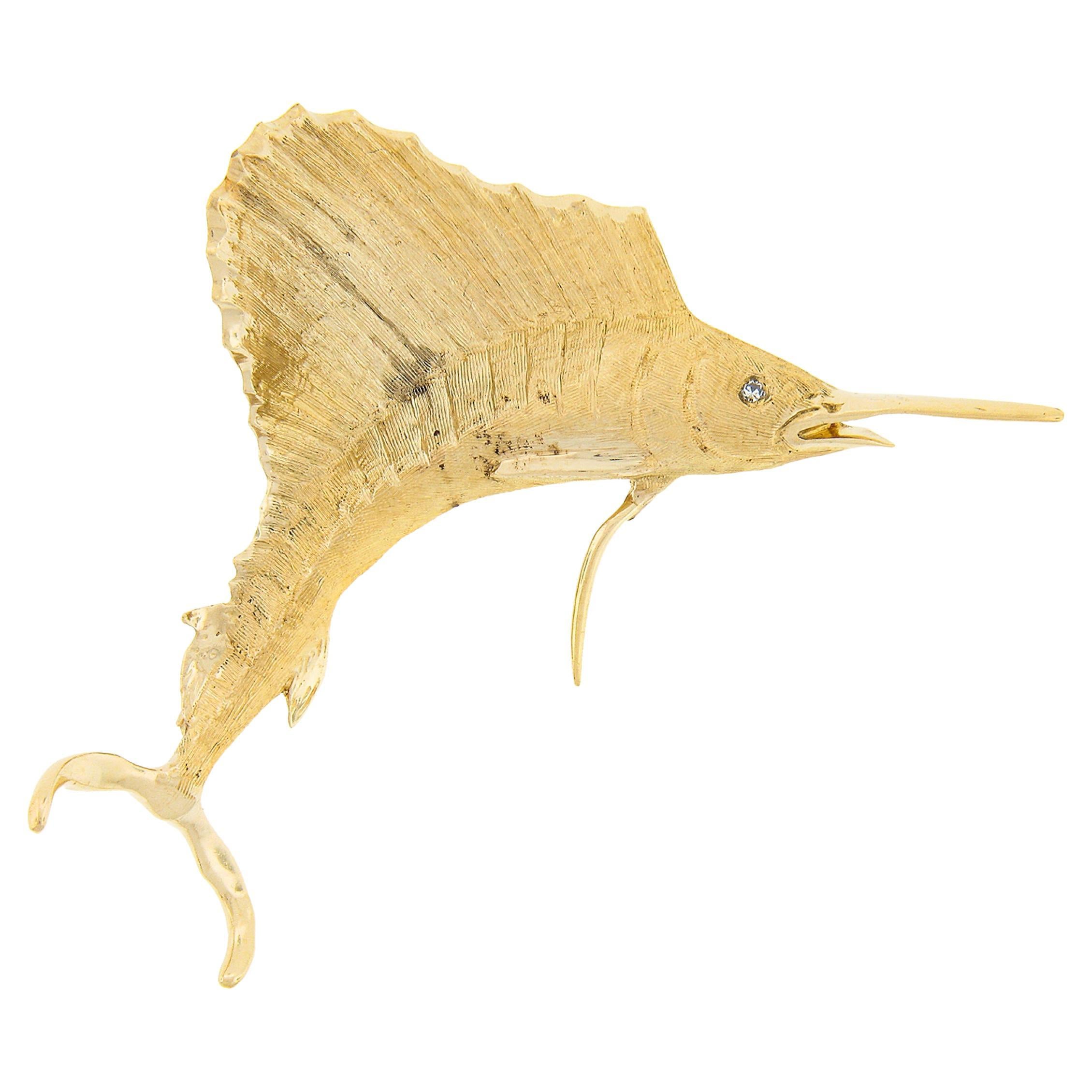 Vintage 14k Yellow Gold Detailed Textured Swordfish Pave Diamond Eye ...