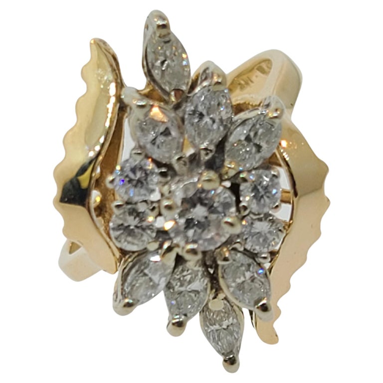 Vintage 14k Yellow Gold Diamond Cocktail Ring For Sale at 1stDibs