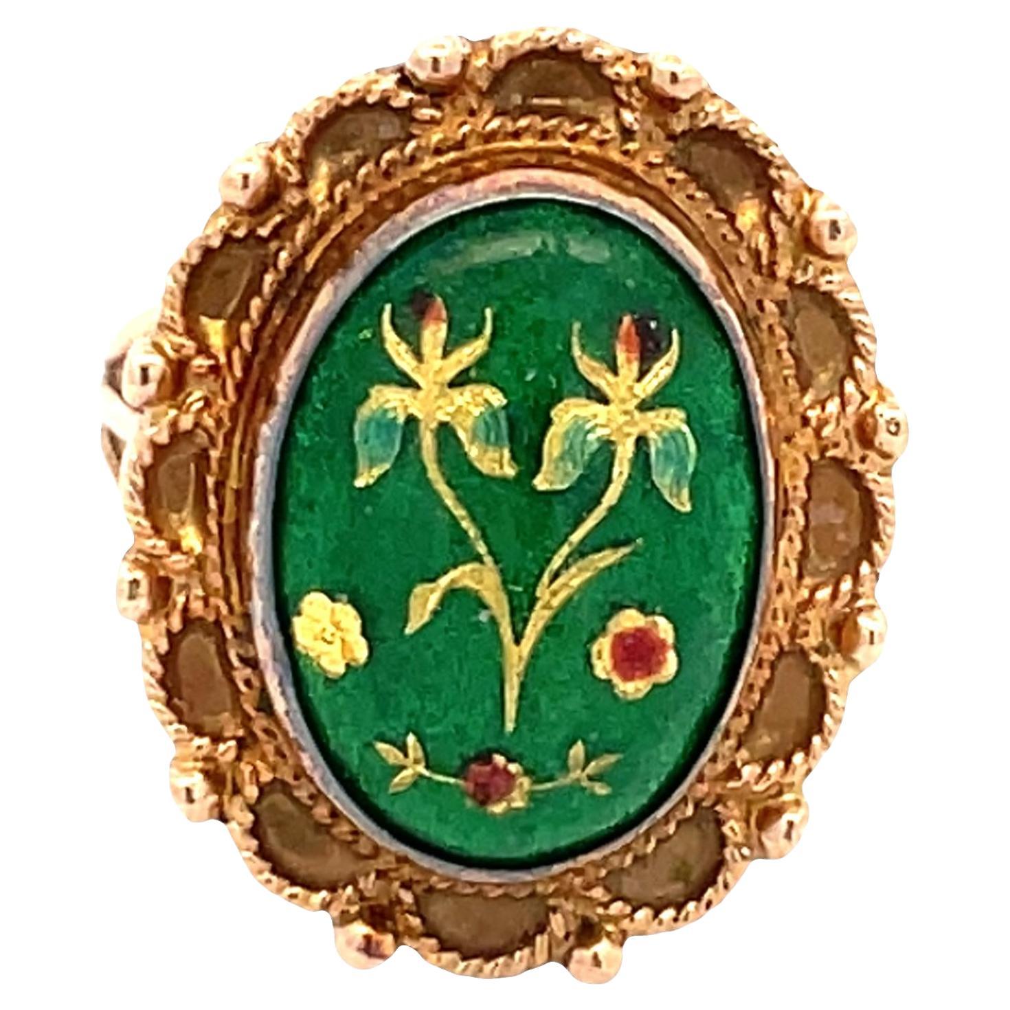 Vintage 14K Yellow Gold Floral Enamel Ring For Sale at 1stDibs