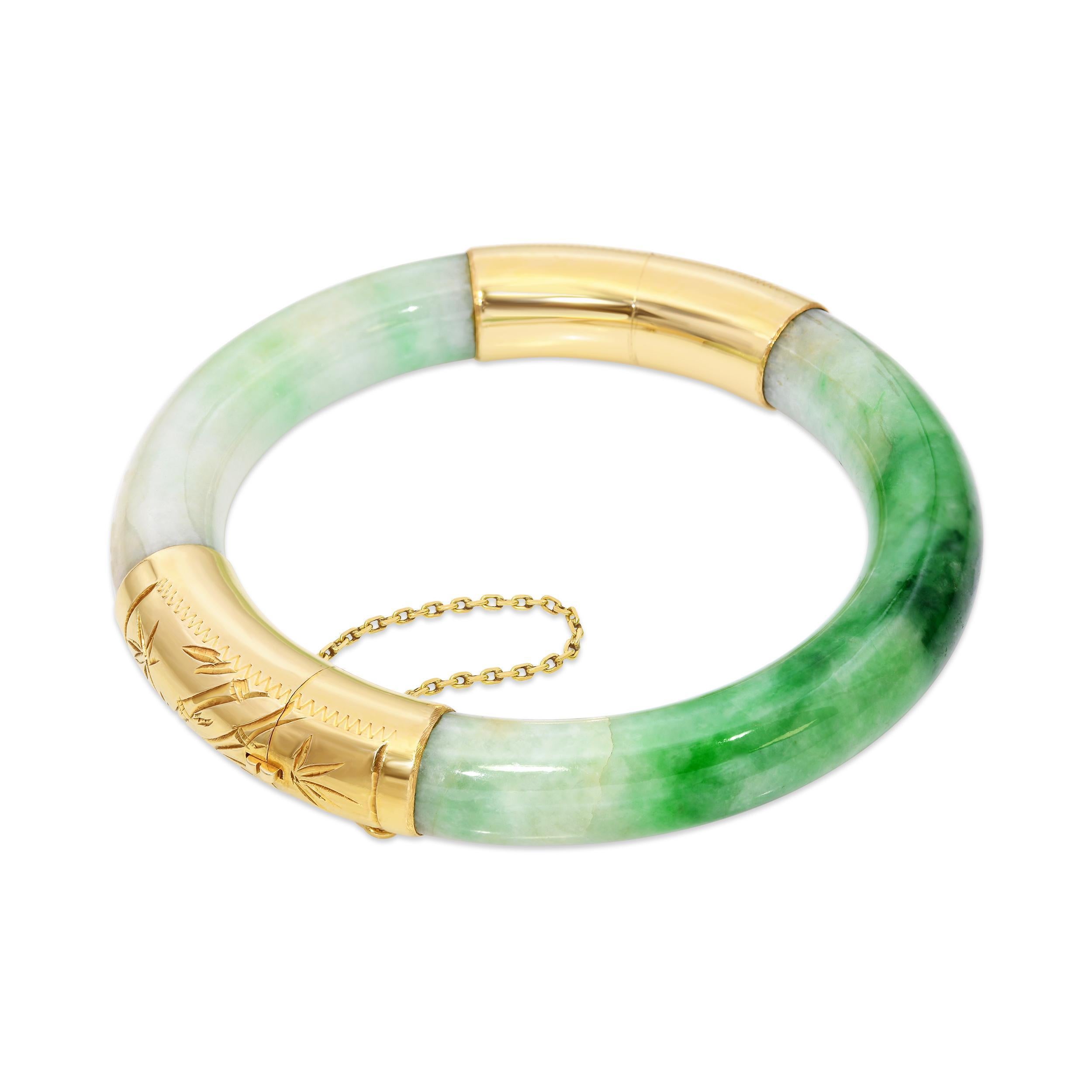 Vintage 14k Yellow Gold Green Jadeite Jade Hinged Bangle Bracelet For ...