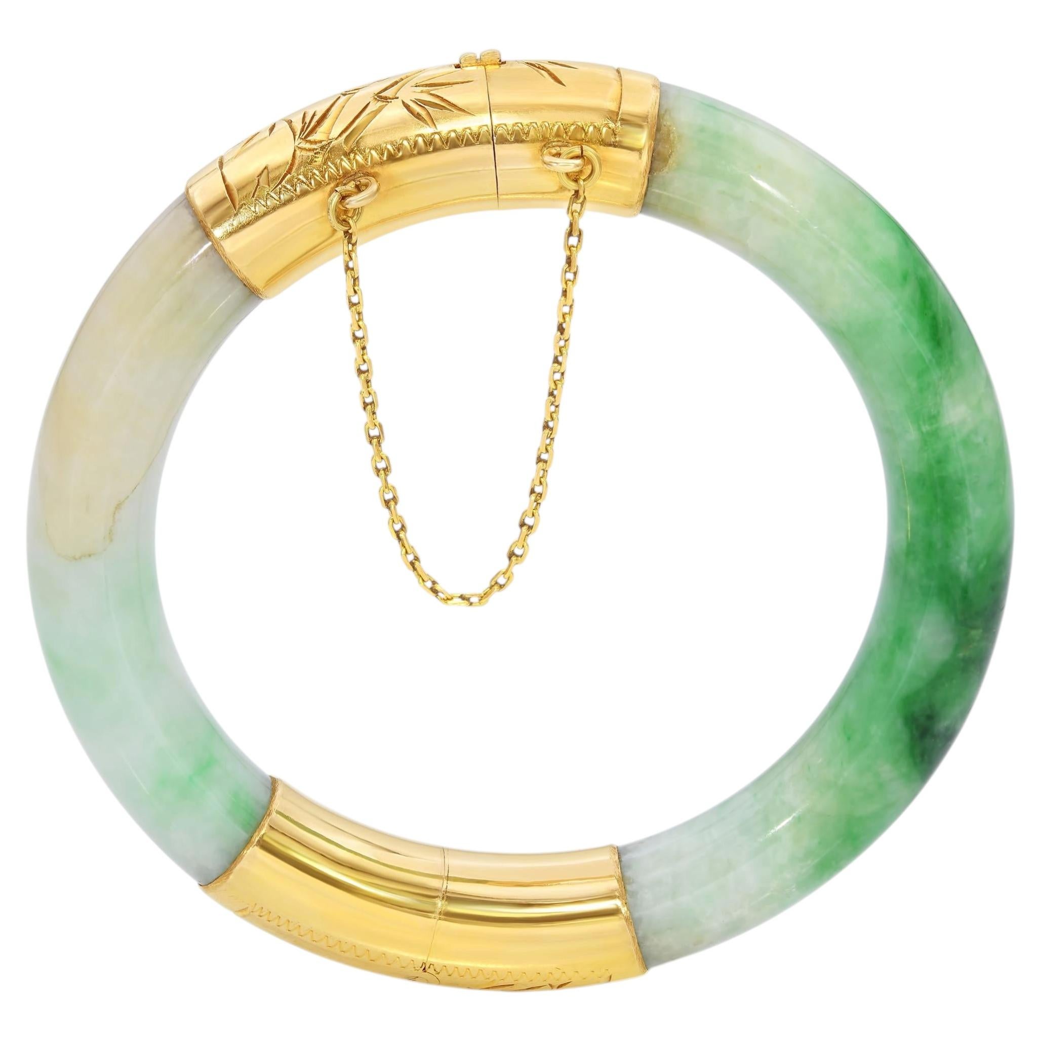 Estate 14K Yellow Gold Jade Bangle with Green and Brown Tone - VHK ...