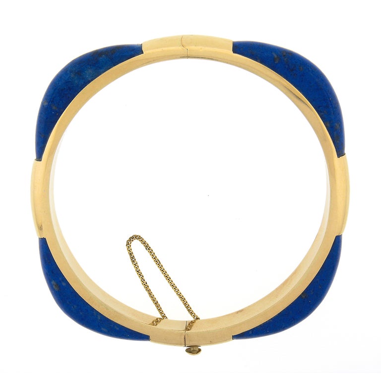 Vintage 14K Yellow Gold Inlaid Set Blue Lapis Hinged Open Bangle Bracelet For Sale at 1stDibs