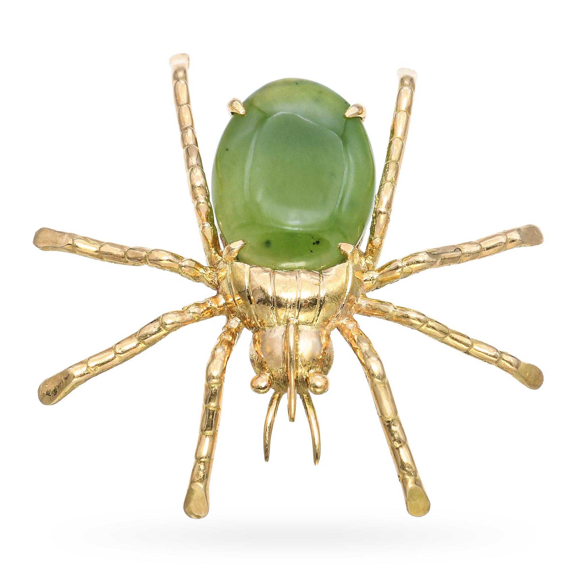 Vintage 14k Yellow Gold Jade Spider Brooch Pin For Sale at 1stDibs