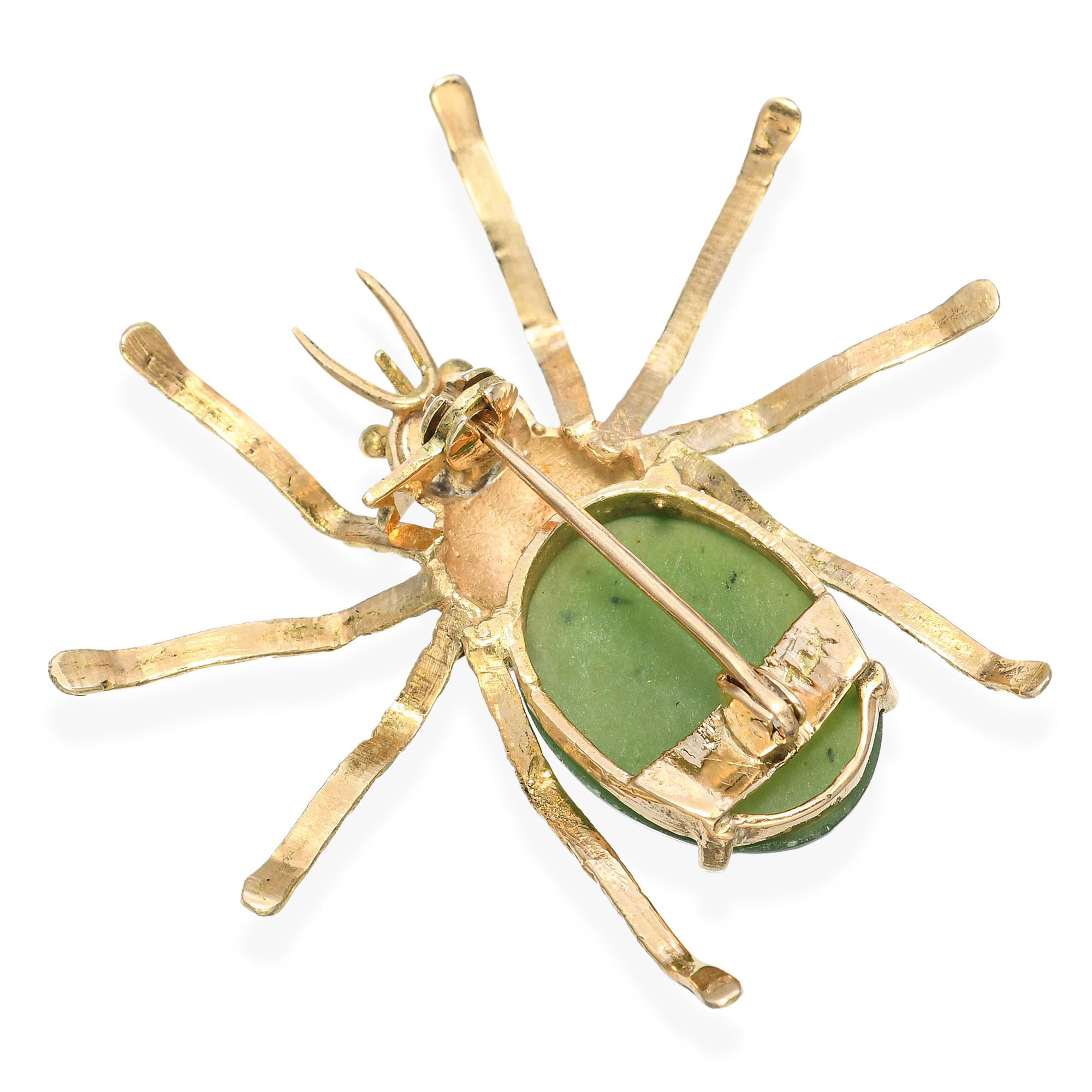 Vintage 14k Yellow Gold Jade Spider Brooch Pin For Sale at 1stDibs