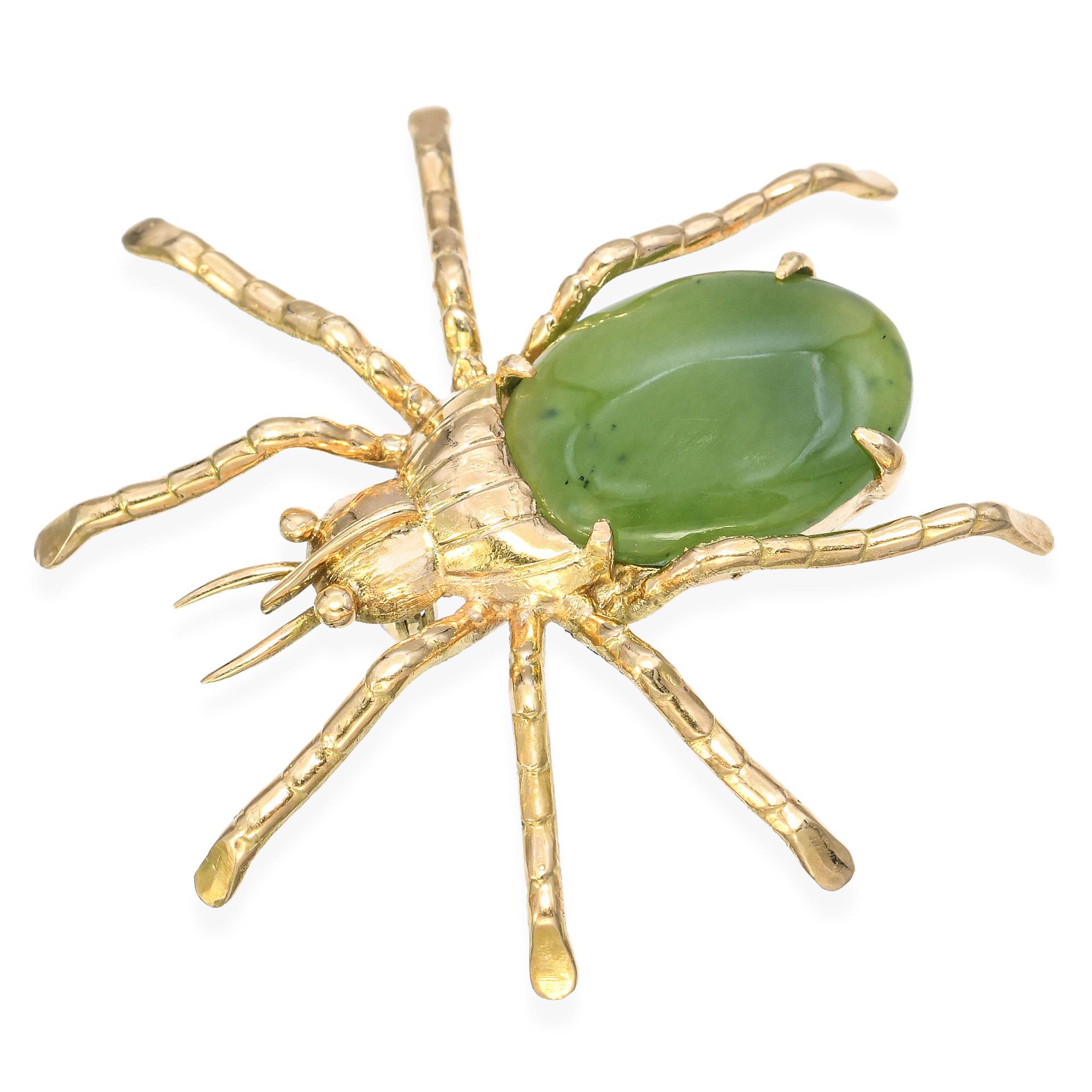 Vintage 14k Yellow Gold Jade Spider Brooch Pin For Sale at 1stDibs