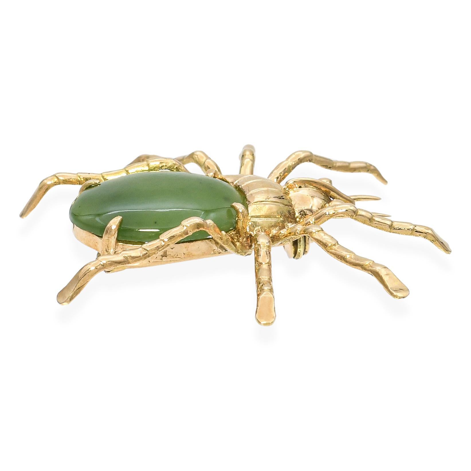 Vintage 14k Yellow Gold Jade Spider Brooch Pin For Sale at 1stDibs