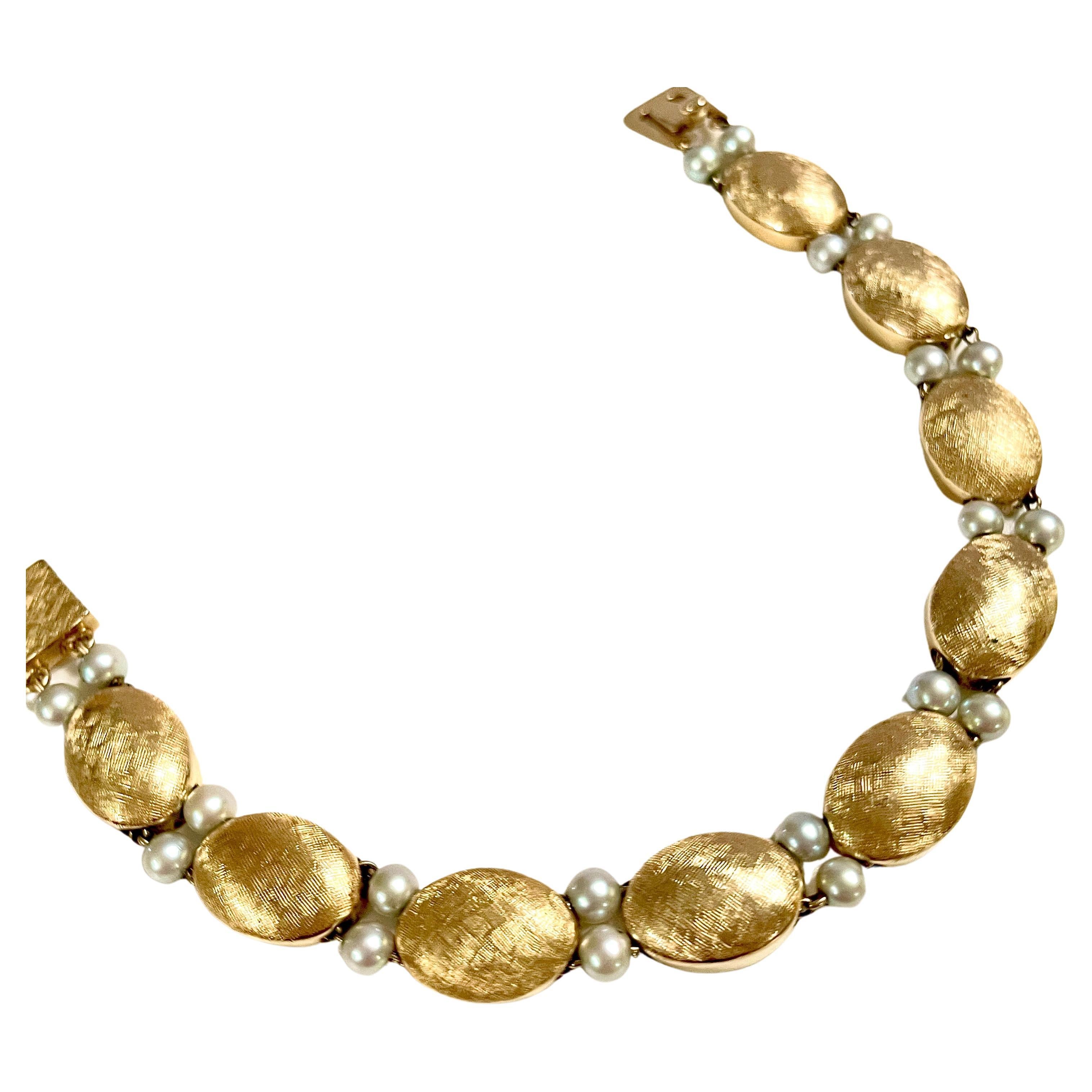 Vintage 14k Yellow Gold Lucien Piccard Brushed Gold Pearl Bracelet w ...