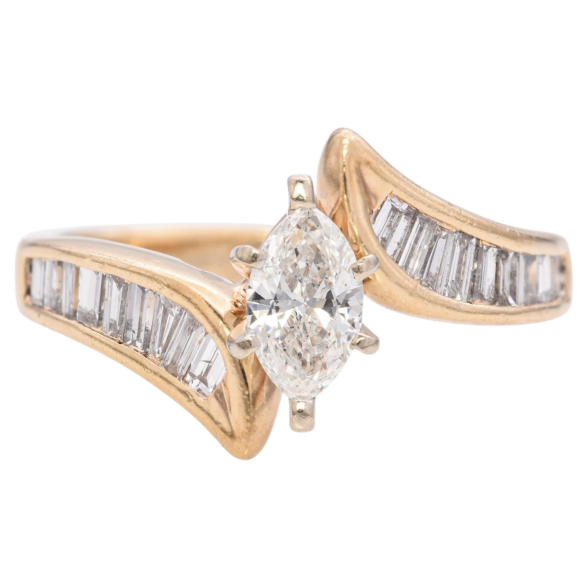 Vintage Marquise and Baguette Diamond Engagment Ring in Yellow Gold For ...