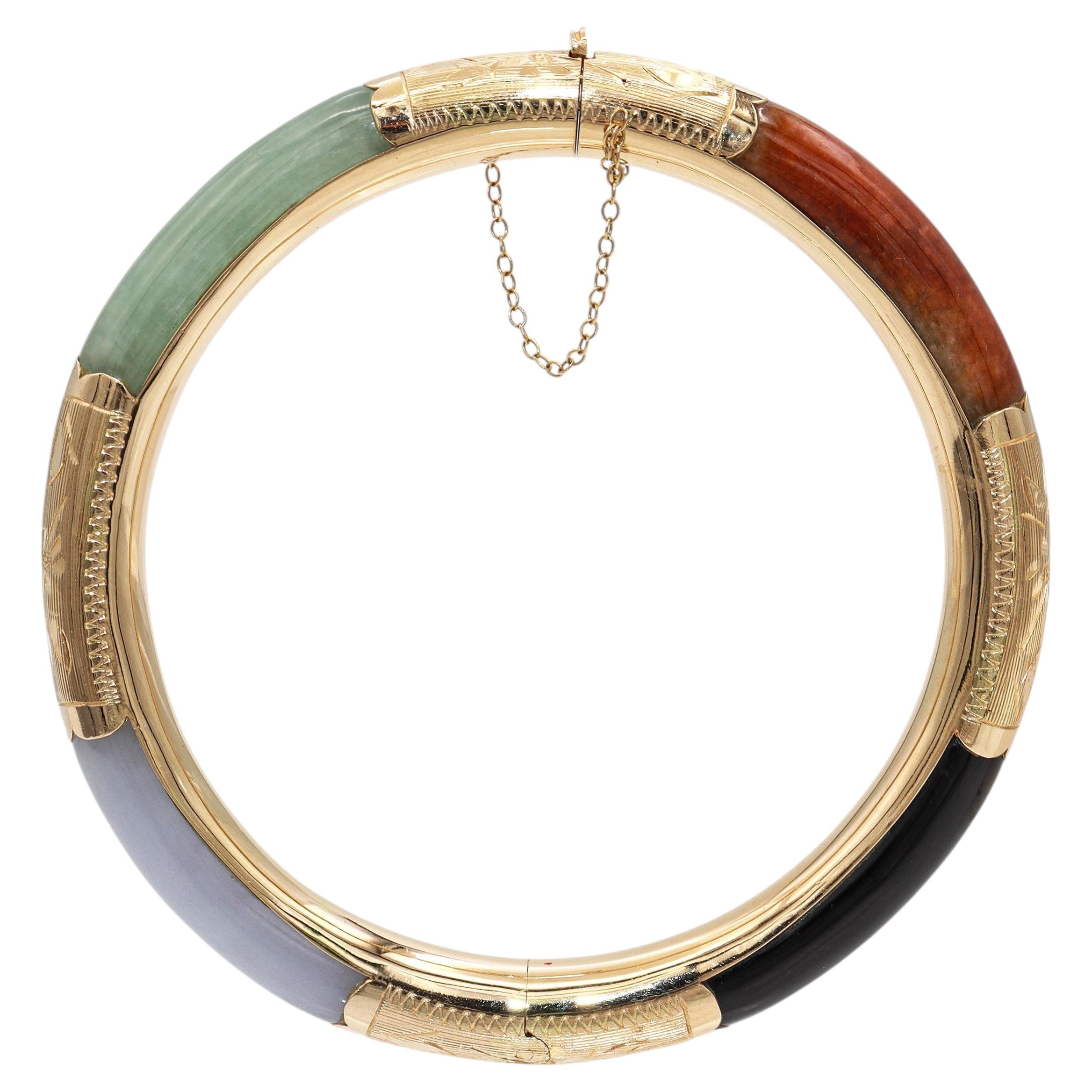 Vintage Yellow Gold Variegated Jade Hinged Bangle Bracelet For Sale at ...