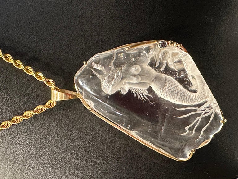 Vintage 14k Yellow Gold Rockcrystal Mermaid Figurine Pendant Glam Blue ...