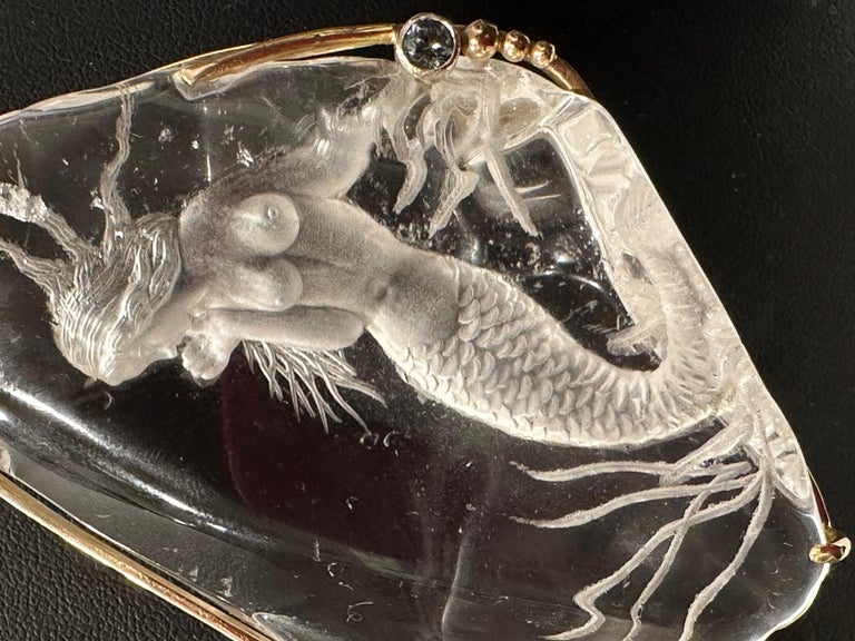 Vintage 14k Yellow Gold Rockcrystal Mermaid Figurine Pendant Glam Blue ...