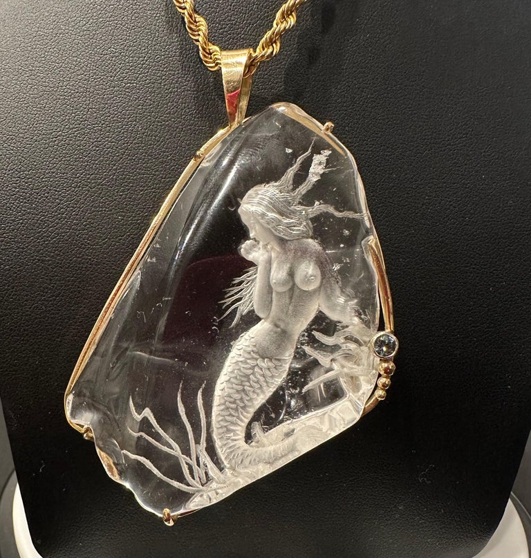 Vintage 14k Yellow Gold Rockcrystal Mermaid Figurine Pendant Glam Blue ...