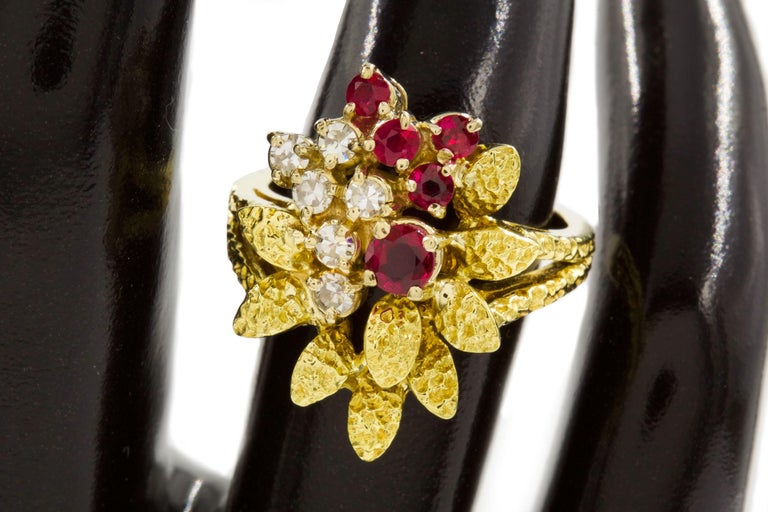 Vintage 14k Yellow Gold, Ruby and Diamond Cocktail Ring For Sale at 1stDibs