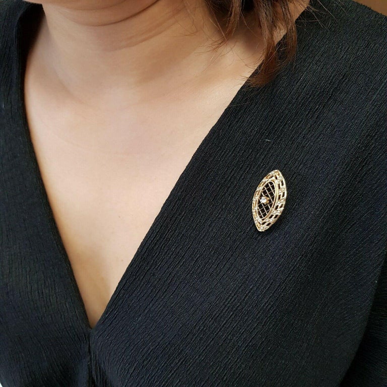 Vintage 14 Karat Gold Shield Brooch with Very Tiny Pearls and Diamond 0 ...