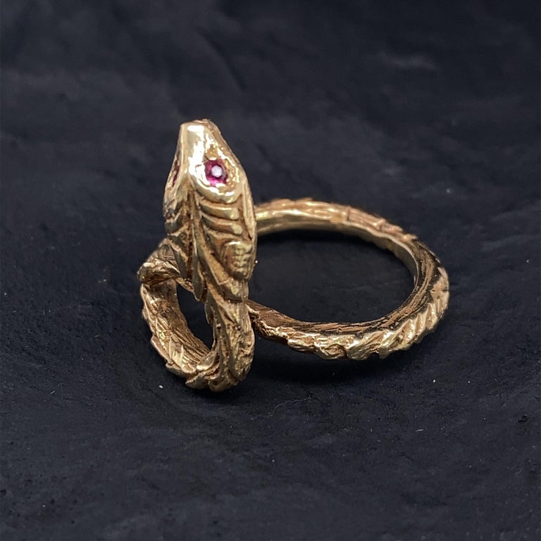 Vintage 14K Yellow Gold Snake Wrap Textured Ring with Ruby Eyes For ...