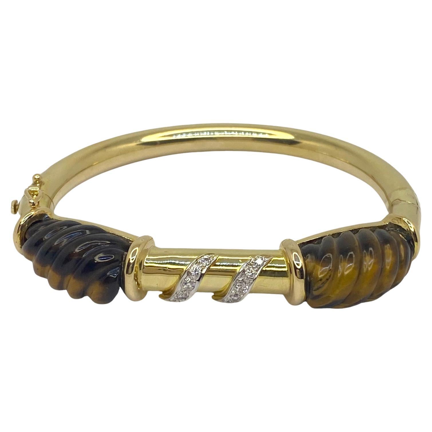 Vintage 14K Yellow Gold Tiger's Eye and Diamond Bangle Bracelet For ...