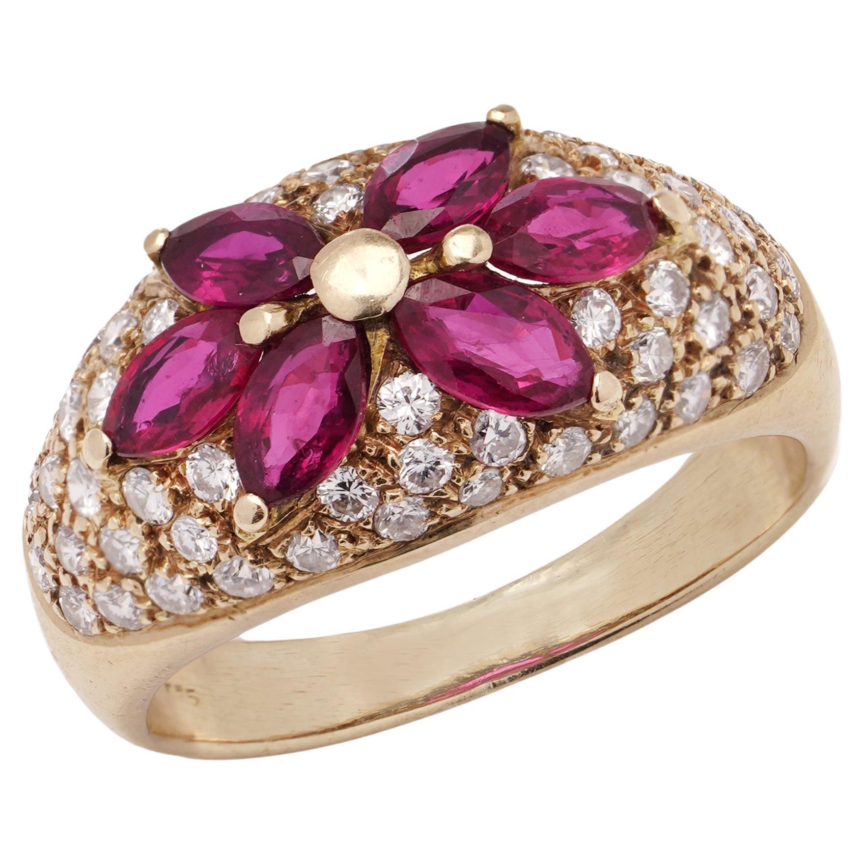 Vintage 14kt. yellow gold marquise cut 0.90 carats ruby cluster ring ...