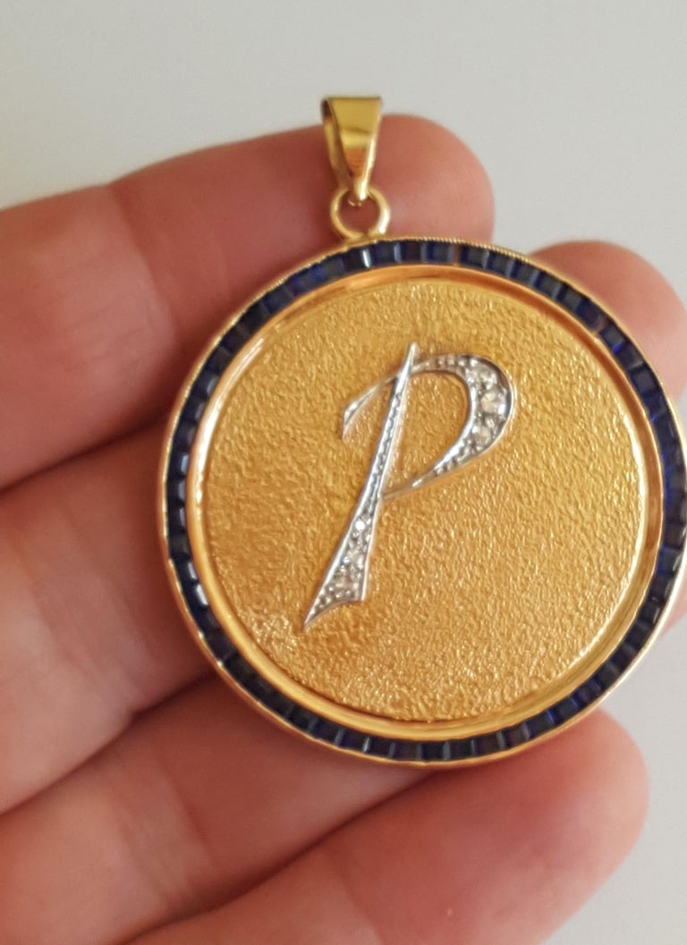 Vintage 14 Karat Gold Medallion Initial "P" Pendant, Diamonds and ...