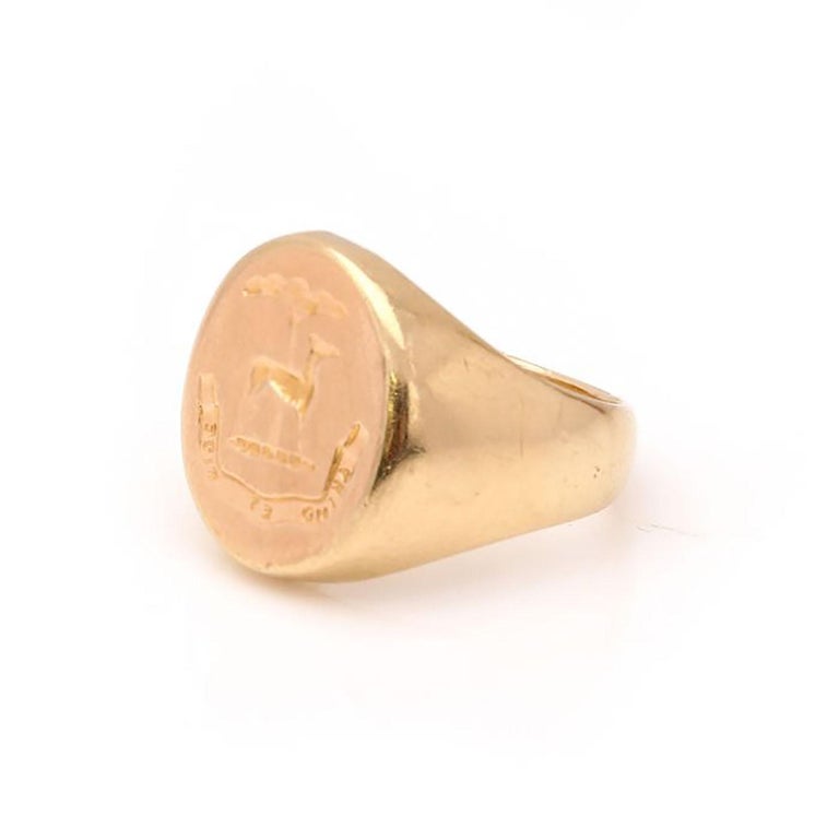 Vintage 14kt. Yellow Gold Oval Signet Ring with Engraved Dog and Latin ...