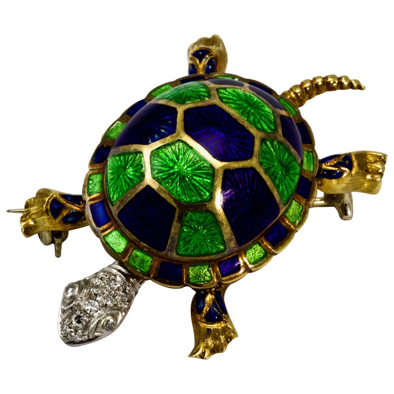 Vintage 18 Carat Gold Diamond and Enamel Turtle Brooch/Pin at 1stDibs