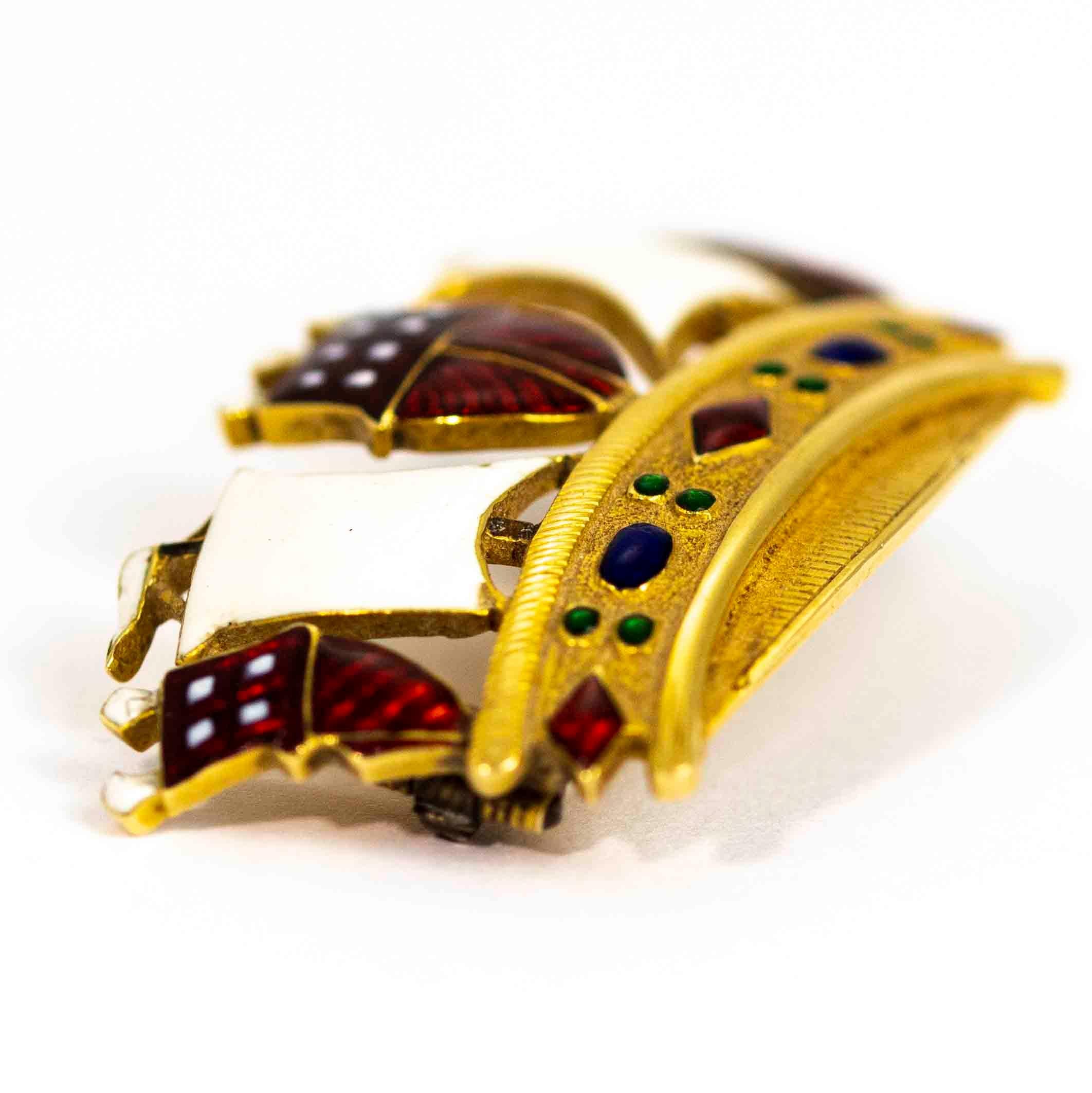 Vintage 18 Carat Gold Enameled Crown Brooch at 1stDibs