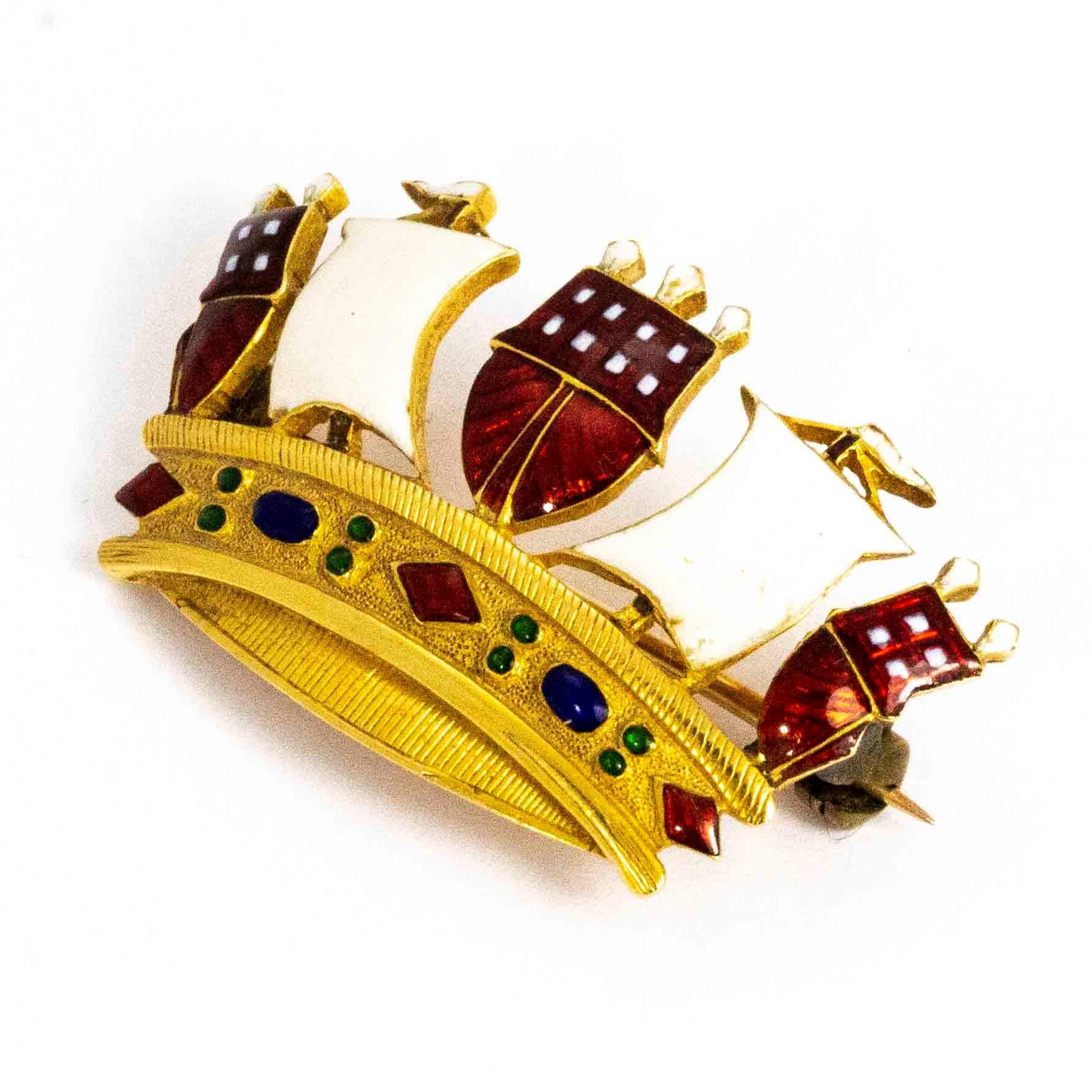 Vintage 18 Carat Gold Enameled Crown Brooch at 1stDibs