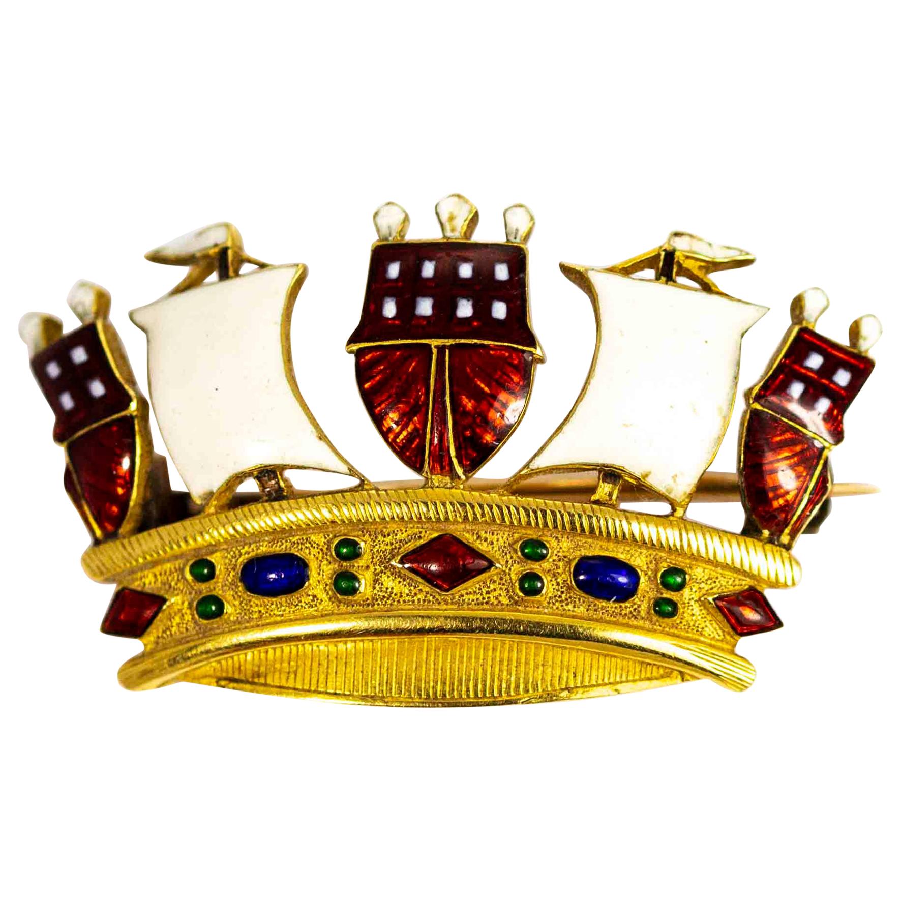 Vintage 18 Carat Gold Enameled Crown Brooch at 1stDibs
