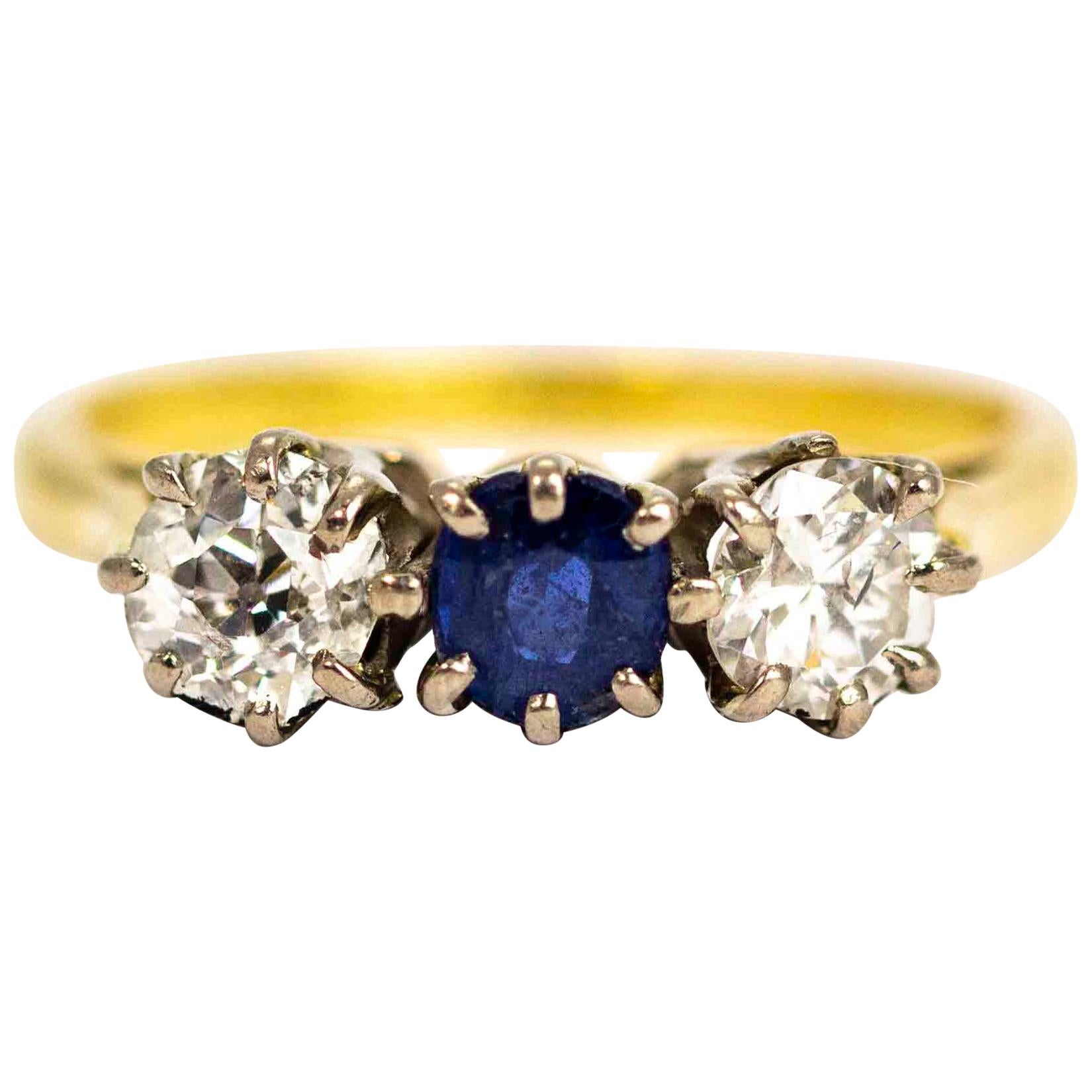 Vintage 18 Carat Gold Sapphire and Diamond Three-Stone Ring at 1stDibs