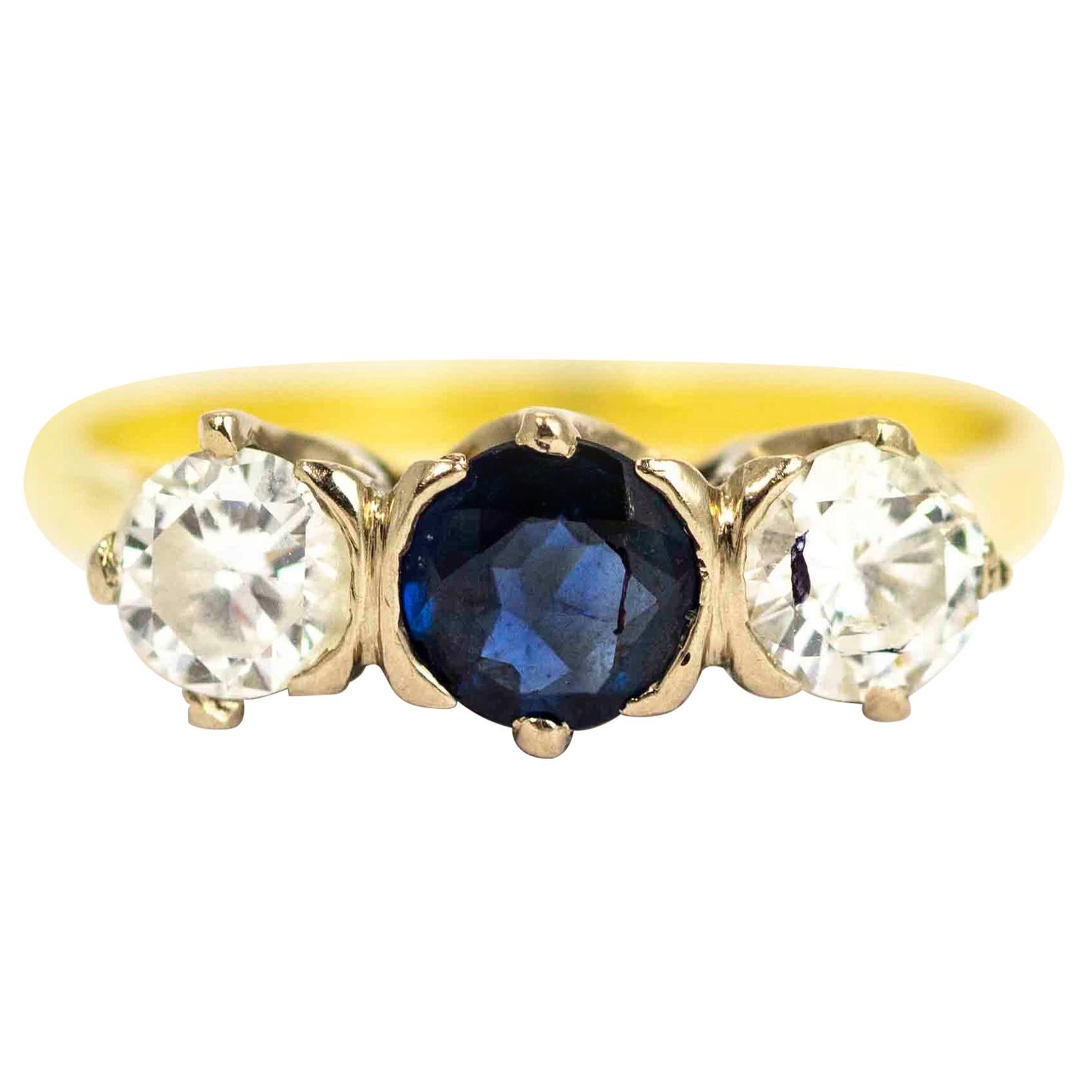 Vintage 18 Carat Gold Sapphire and Diamond Three-Stone Ring at 1stDibs