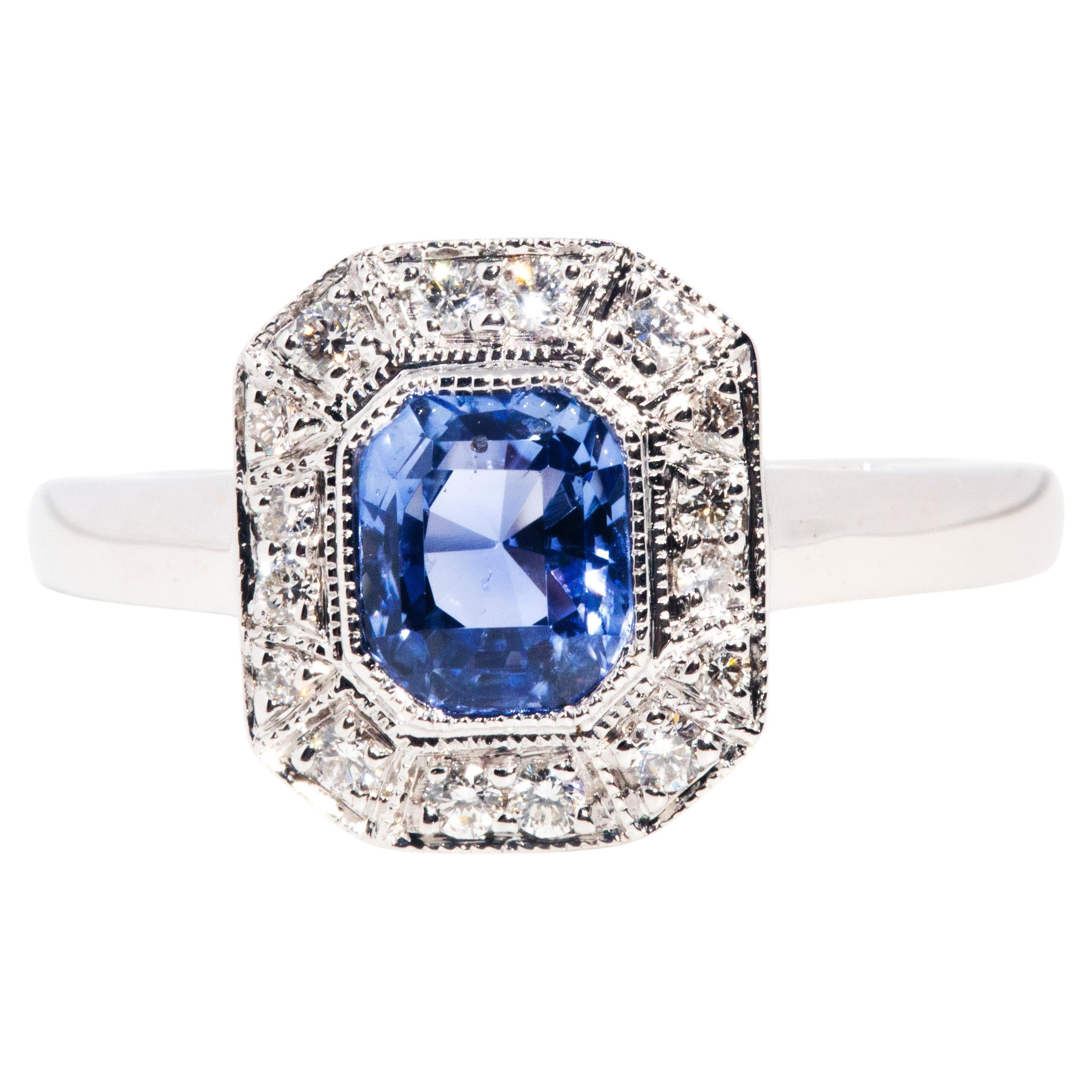 Art Deco, 18 Carat White Gold, Diamond and Sapphire Cluster Ring at 1stDibs