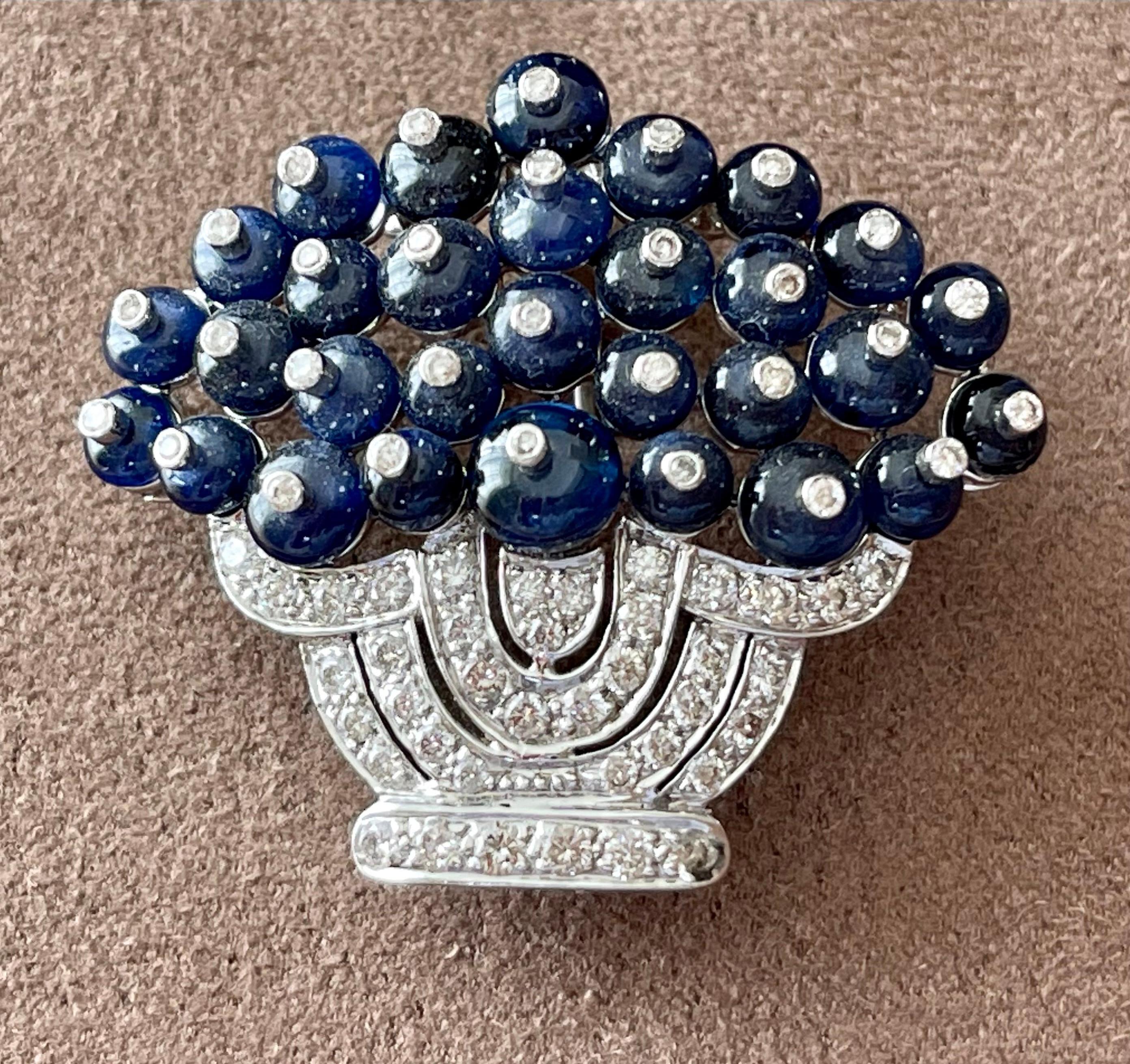 Vintage 18 K White Gold Flower Basket Sapphire Diamond Brooch at 1stDibs
