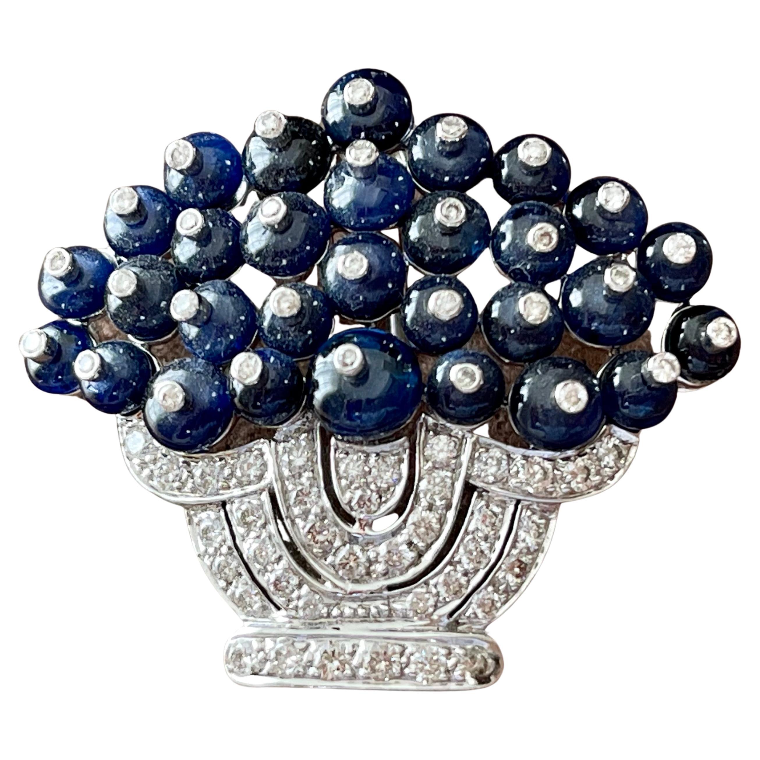 Vintage 18 K White Gold Flower Basket Sapphire Diamond Brooch at 1stDibs