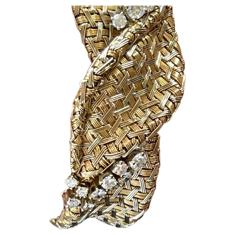 Bracelet vintage en maille en or jaune 18 carats avec diamants signé ...