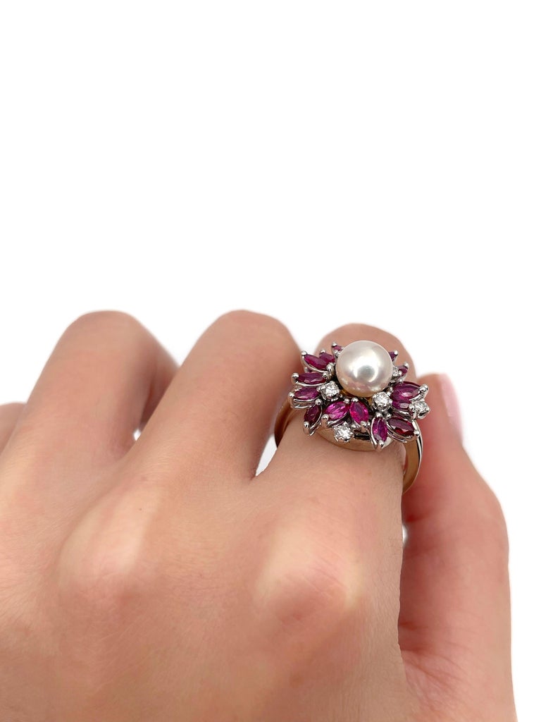 Vintage 18 Karat Gold 1.00 Carat Ruby 0.25 Carat Diamond Pearl Cocktail ...