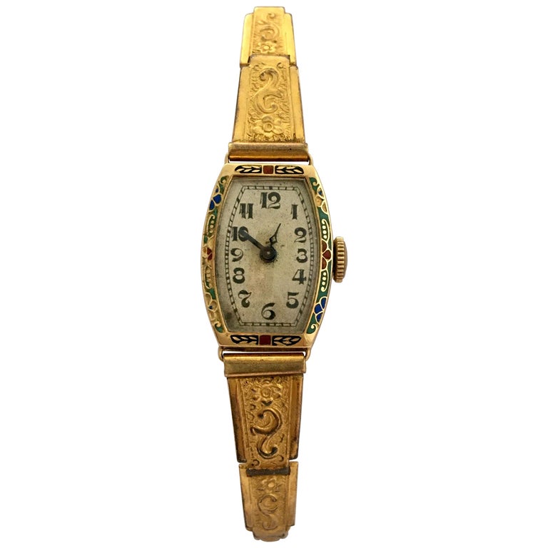 Vintage 18 Karat Gold 1920s Enamel Mechanical Ladies Watch at 1stDibs
