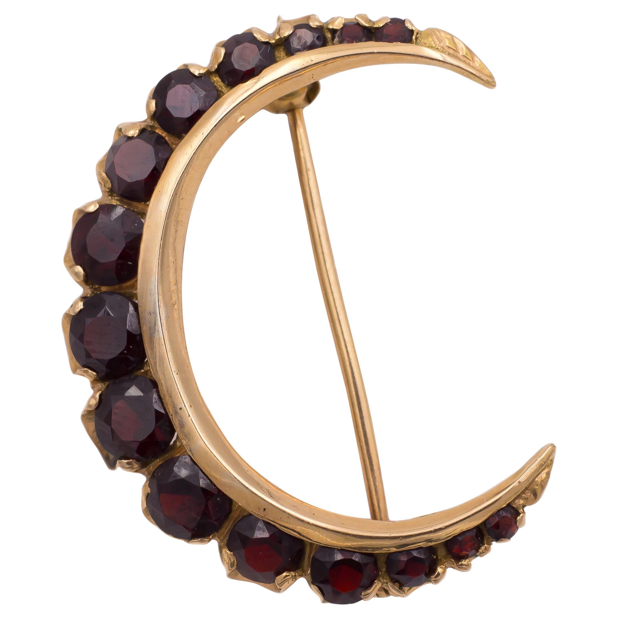 Vintage 18 Karat Gold and Garnet Crescent Moon Brooch, 1950s For Sale ...
