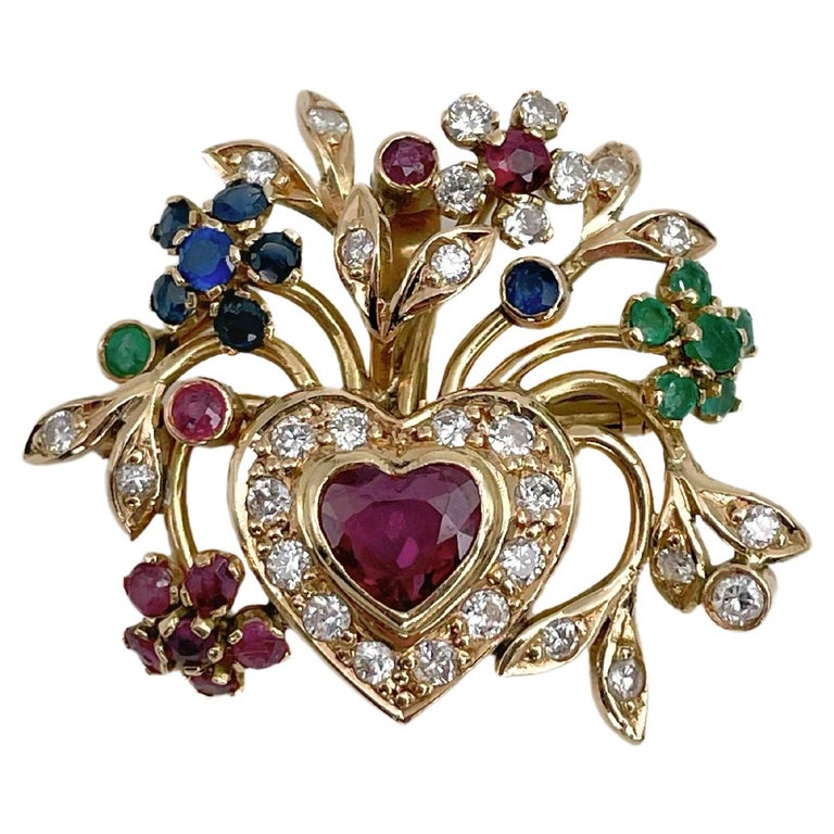 Vintage 18 Karat Gold Diamond Sapphire Emerald Ruby Floral Heart ...