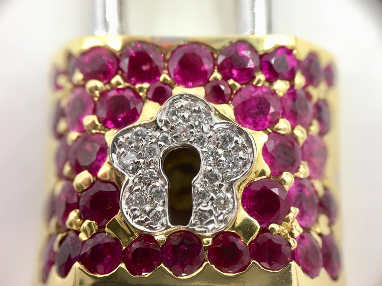 Vintage 18 Karat Lock and Key Ruby and Diamond Necklace For Sale at 1stDibs