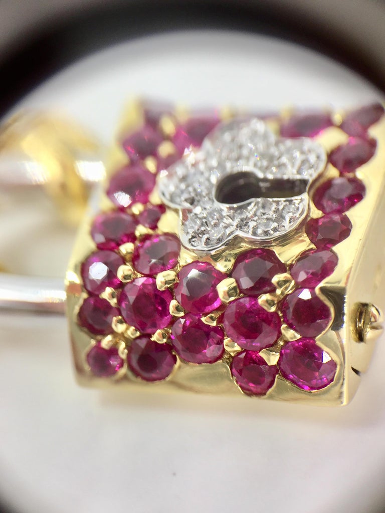 Vintage 18 Karat Lock and Key Ruby and Diamond Necklace For Sale at 1stDibs