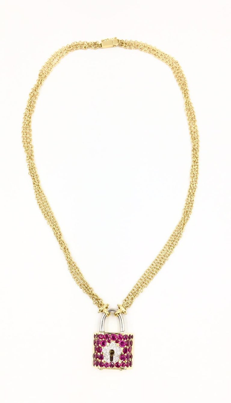 Vintage 18 Karat Lock and Key Ruby and Diamond Necklace For Sale at 1stDibs