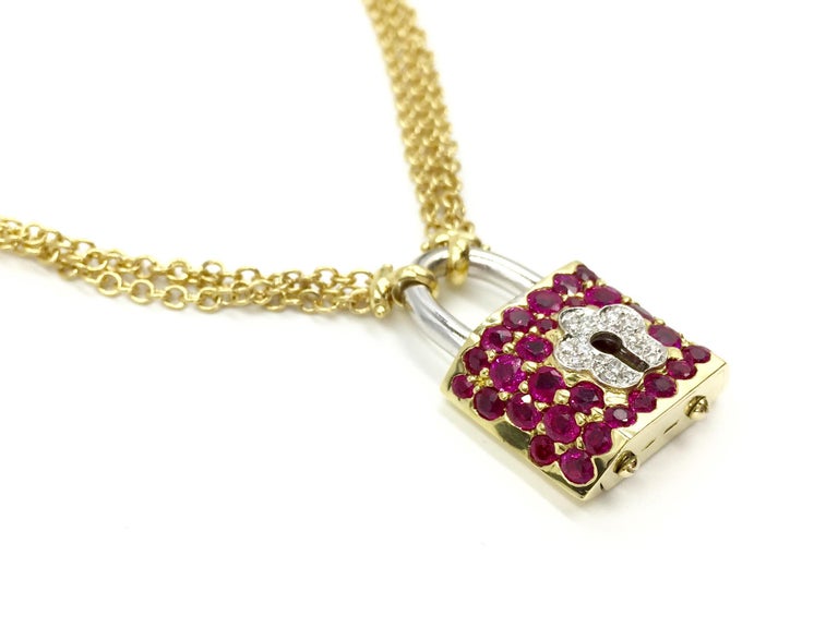 Vintage 18 Karat Lock and Key Ruby and Diamond Necklace For Sale at 1stDibs