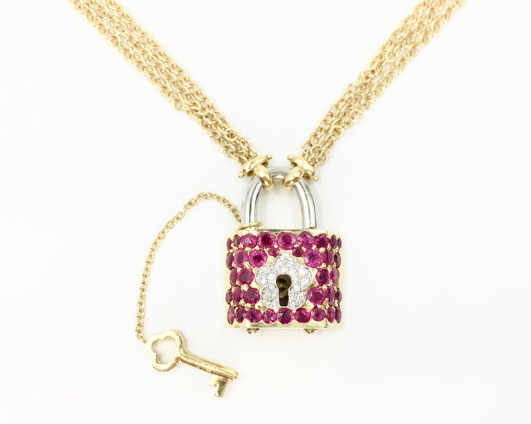 Vintage 18 Karat Lock and Key Ruby and Diamond Necklace For Sale at 1stDibs