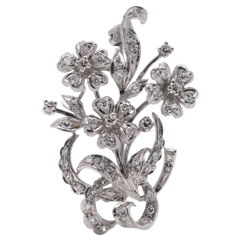 Vintage 18-Karat White Gold Flower Bouquet Brooch Set 1.62 Carats ...