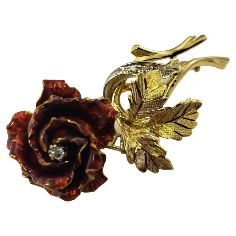 Vintage 18 Karat Yellow Gold and Diamond Enamel Rose Brooch / Pin For ...