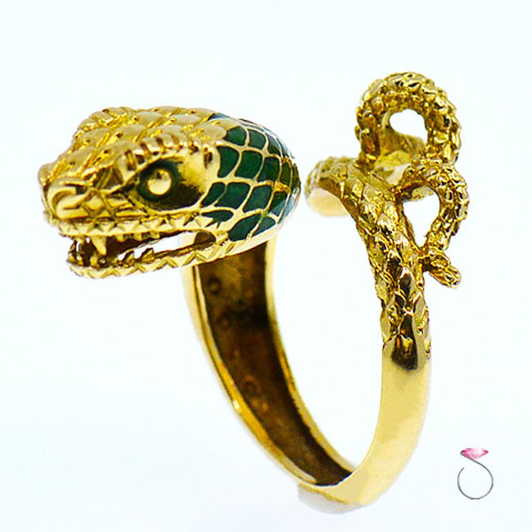 Vintage 18 Karat Yellow Gold Enameled Large Snake Ring, Rare 1960s ...