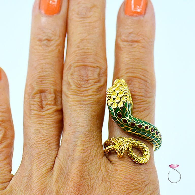 Vintage 18 Karat Yellow Gold Enameled Large Snake Ring, Rare 1960s ...