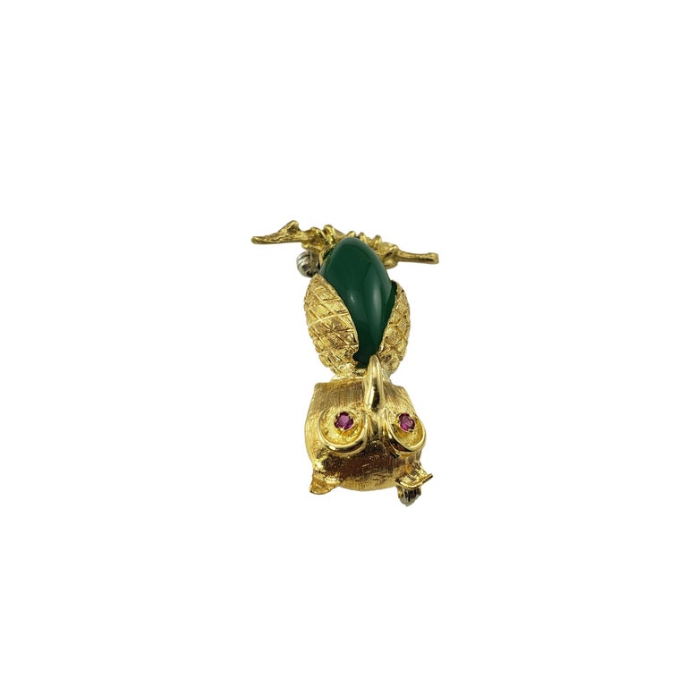 18 Karat Yellow Gold Green Onyx and Simulated Ruby Owl Brooch/Pin For ...