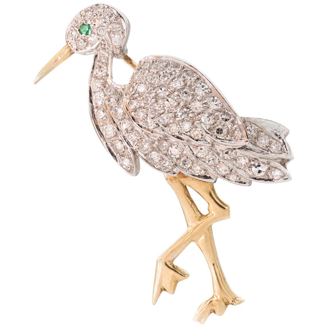 Vintage 18 Karat Yellow Gold Stork Brooch with Diamonds For Sale at 1stDibs